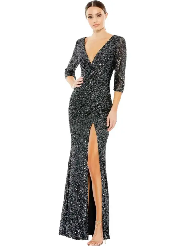 Mac Duggal Sequined 3/4 Sleeve Gown - Gray