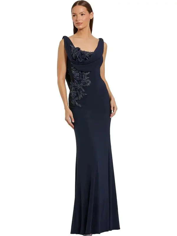 Mac Duggal Sleeveless Cowl Neck Gown With Floral Appliqu - Navy