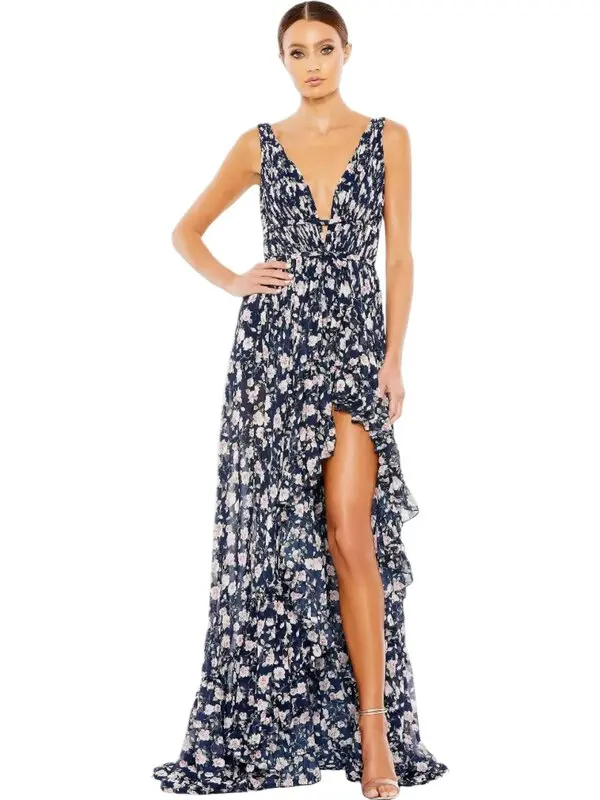 Mac Duggal Floral Print High-low Gown - Navy