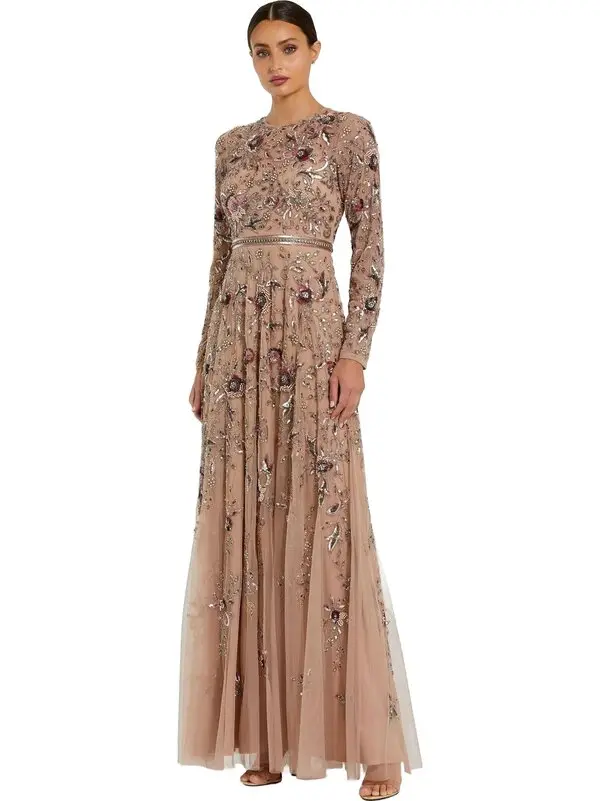 Mac Duggal Floral Embellished A-line Gown - Neutral