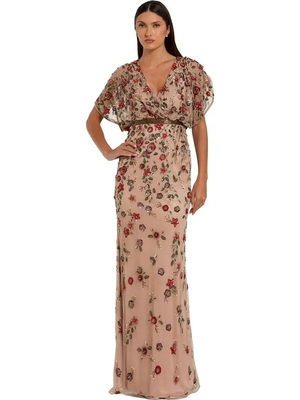 Mac Duggal Floral Embellished Short Sleeve Gown - Neutral
