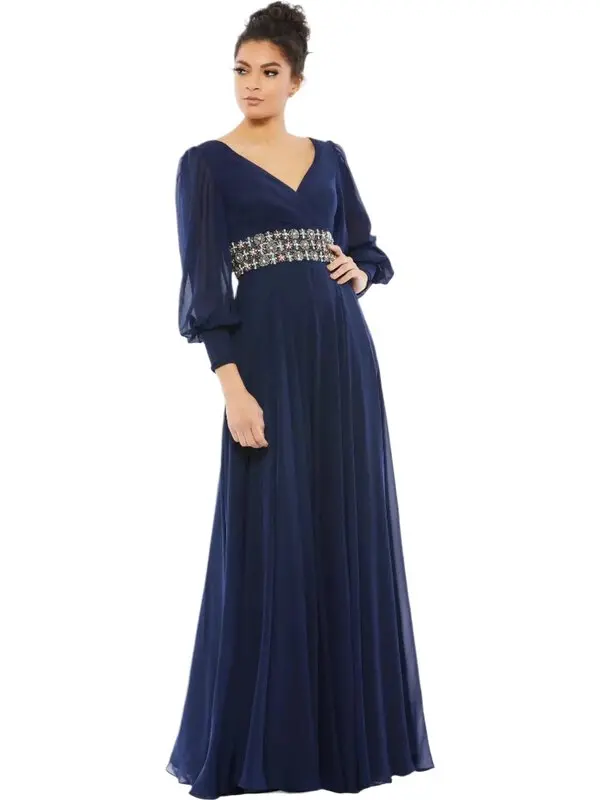 Mac Duggal Bishop Sleeve Wrap Gown - Navy
