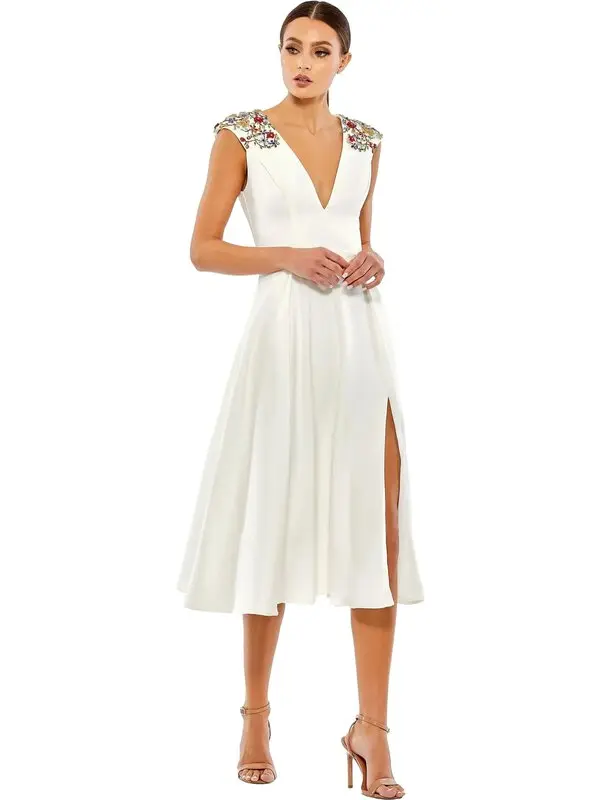 Mac Duggal Beaded Cap Sleeve A-line Midi Dress - White