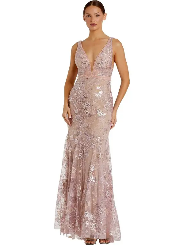 Mac Duggal Floral Embellished Plunge Neck Gown - Pink