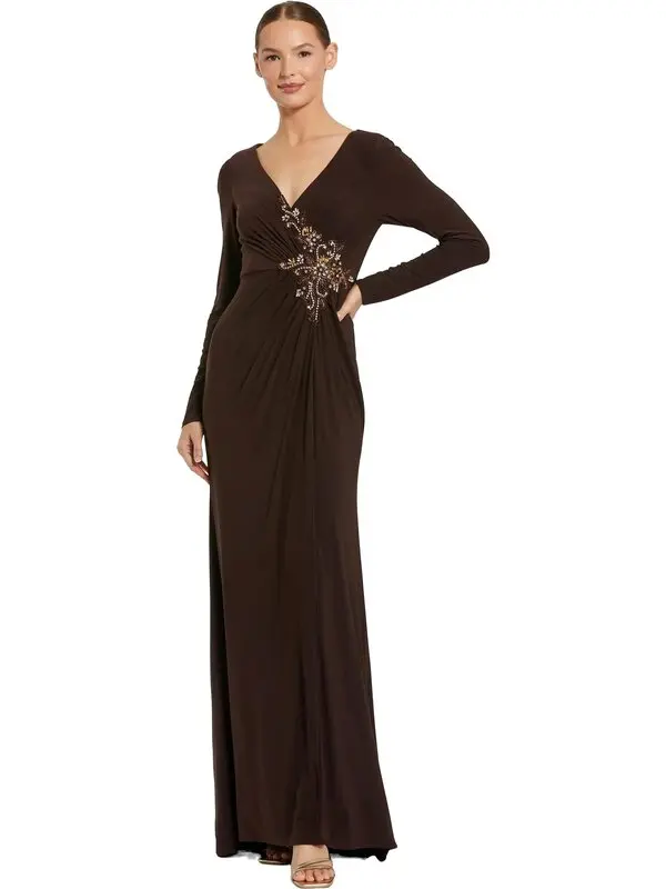 Mac Duggal Faux Wrap Long Sleeve Evening Gown With Appliqué Detail - Brown