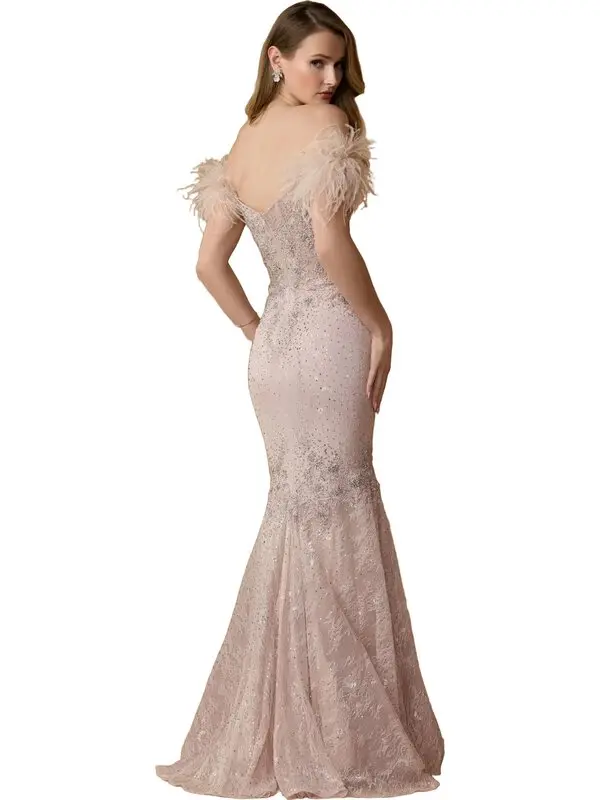 MAC DUGGAL COLLECTION Embellished Lace Feather Trim Gown - Purple