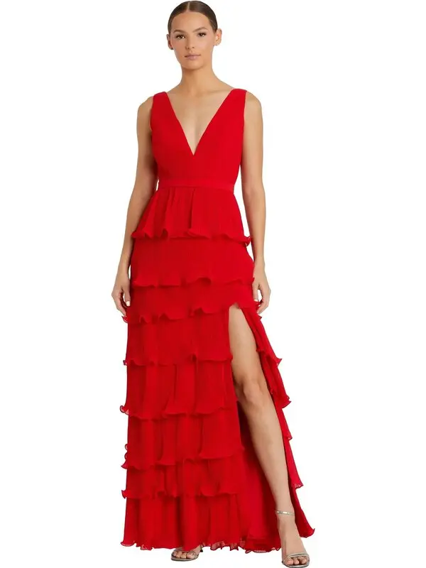 Mac Duggal Sleeveless Ruffle Tiered V-neck Gown - Red