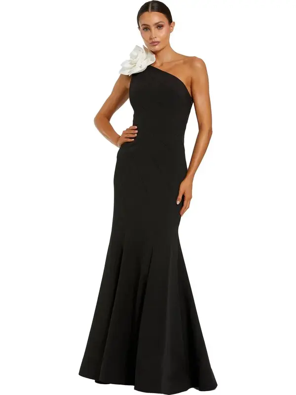 Mac Duggal One-shoulder Mermaid Gown With 3d Flower - Black