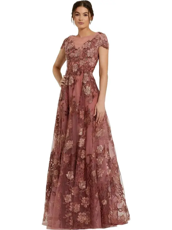 Mac Duggal Floral Embroidered Cap Sleeve Gown - Pink