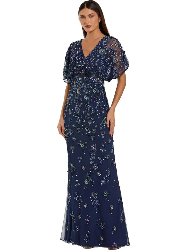 Mac Duggal Floral Embellished Short Sleeve Blouson Gown - Navy