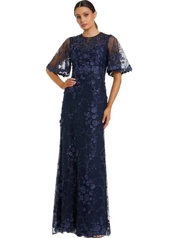 Mac Duggal Floral Embroidered Net Gown With Flutter Sleeves - Navy