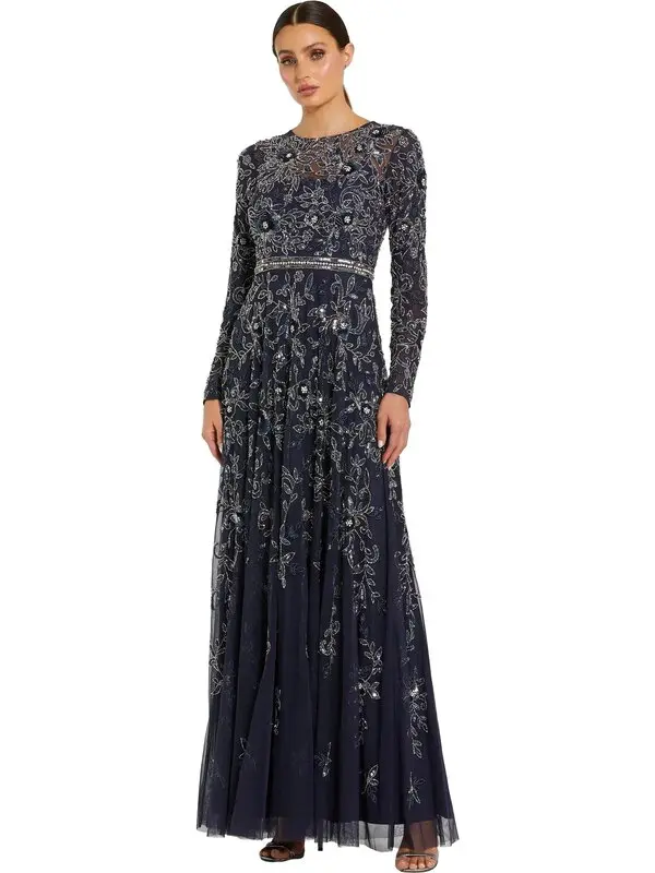 Mac Duggal Floral Embellished A-line Gown - Navy