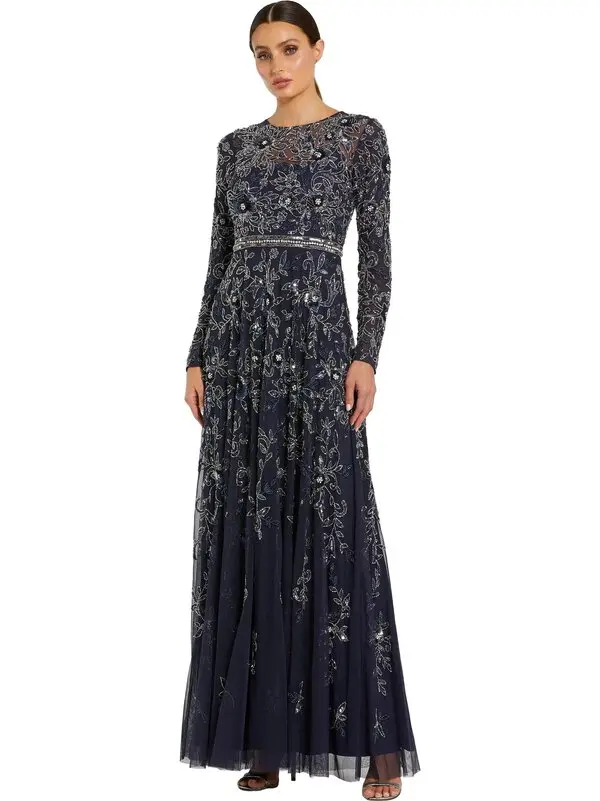Mac Duggal Floral Embellished A-line Gown - Navy