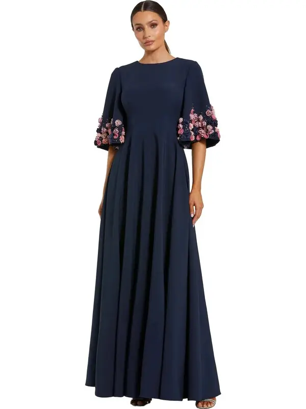 Mac Duggal Crepe A-line Gown With Flower Trim - Navy