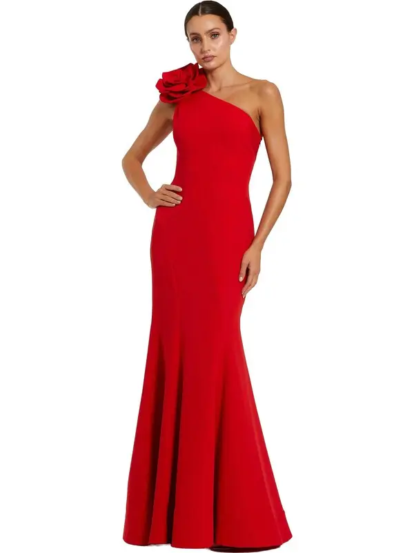 Mac Duggal One-shoulder Mermaid Gown With 3d Flower - Red
