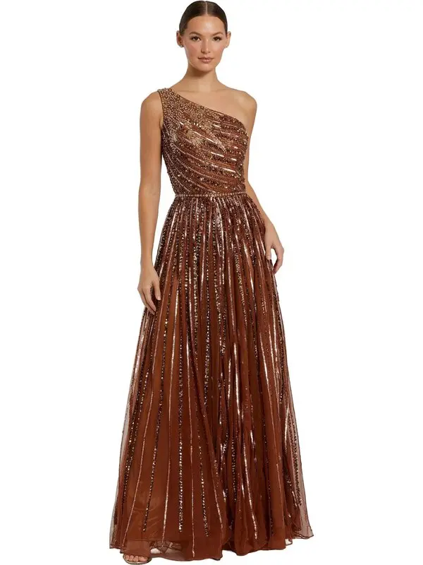 Mac Duggal Embellished One-shoulder A-line Gown - Brown