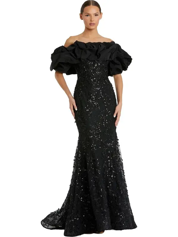Mac Duggal Embellished Mermaid Gown With Ruffled Off-the-shoulder Neckline - Black