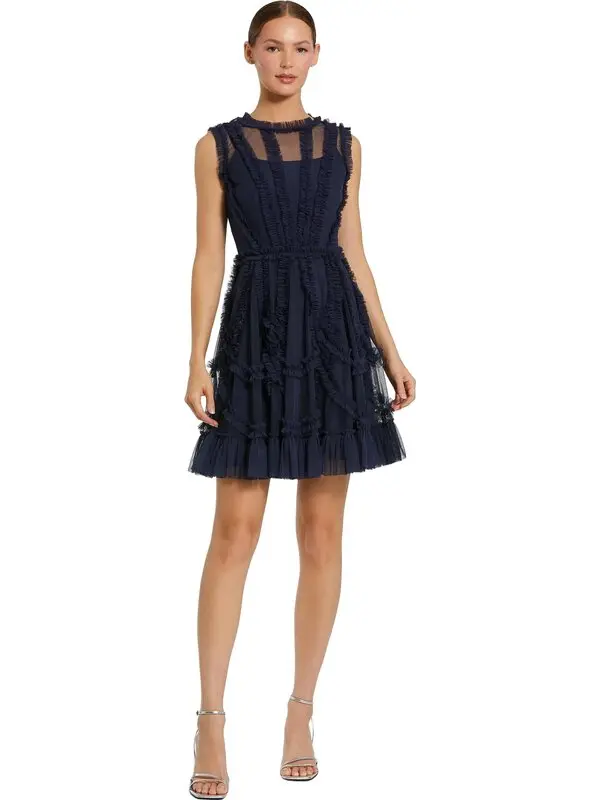 Mac Duggal High Neck Sleeveless Micro Ruffle Mini Dress - Navy