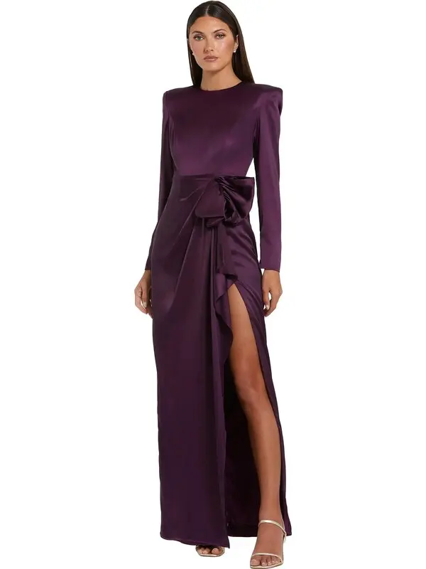 Mac Duggal Long Sleeve Bow Draped Column Gown - Purple