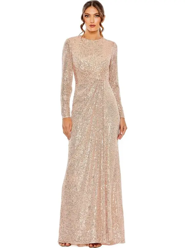 Mac Duggal Sequin-embellished Long Sleeve Gown With Side Knot - Pink