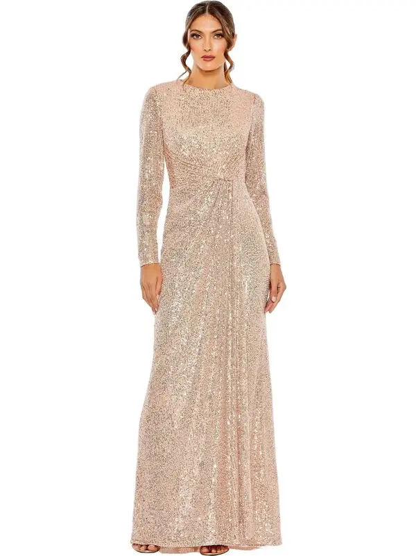 Mac Duggal Sequin-embellished Long Sleeve Gown With Side Knot - Pink