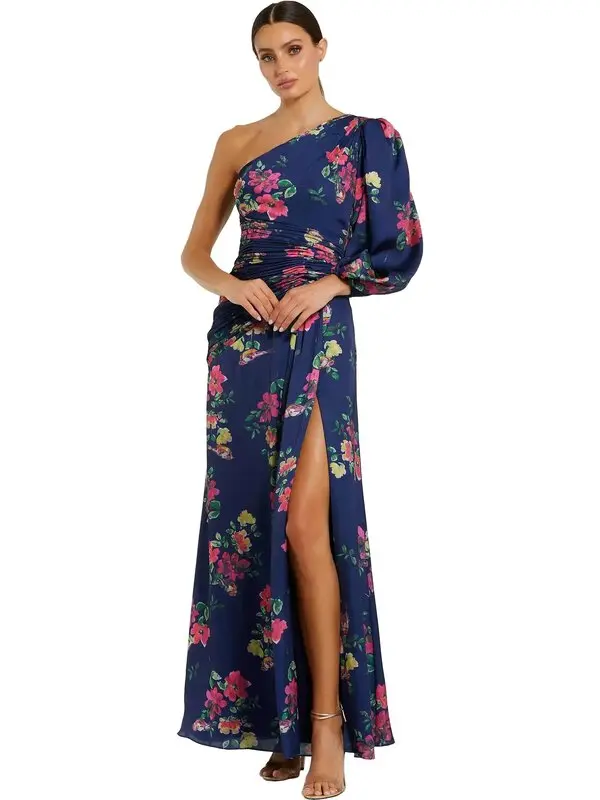 Mac Duggal Floral Print Charmeuse Gown With Slit - Navy