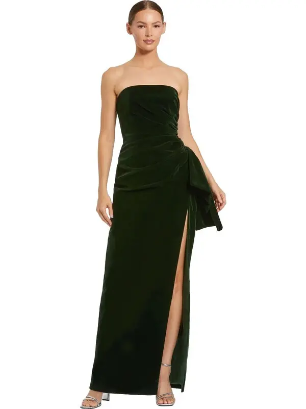 Mac Duggal Strapless High Slit Draped Velvet Gown - Green