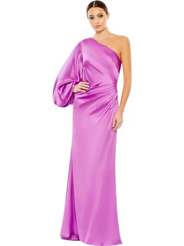 Mac Duggal Satin One-shoulder Gown With Puff Sleeve - Purple