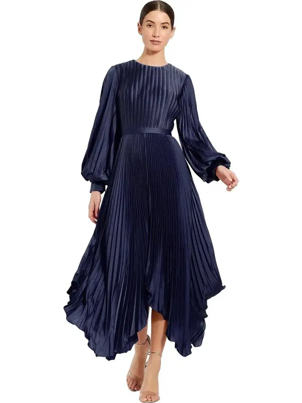 Mac Duggal Long Sleeve Pleated Charmeuse Handkerchief Dress - Navy