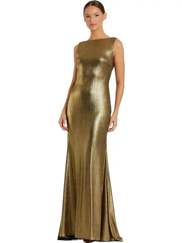 Mac Duggal Metallic Jersey Cowl Back Column Gown - Gold