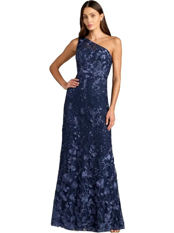 Mac Duggal One-shoulder Floral Embroidered Lace Gown - Navy