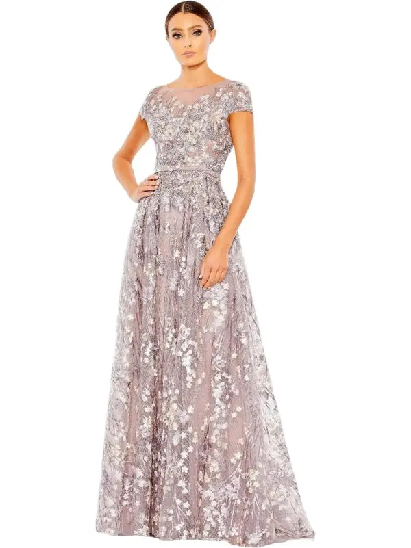 Mac Duggal Embellished Floral A-line Gown With Cap Sleeves - Purple