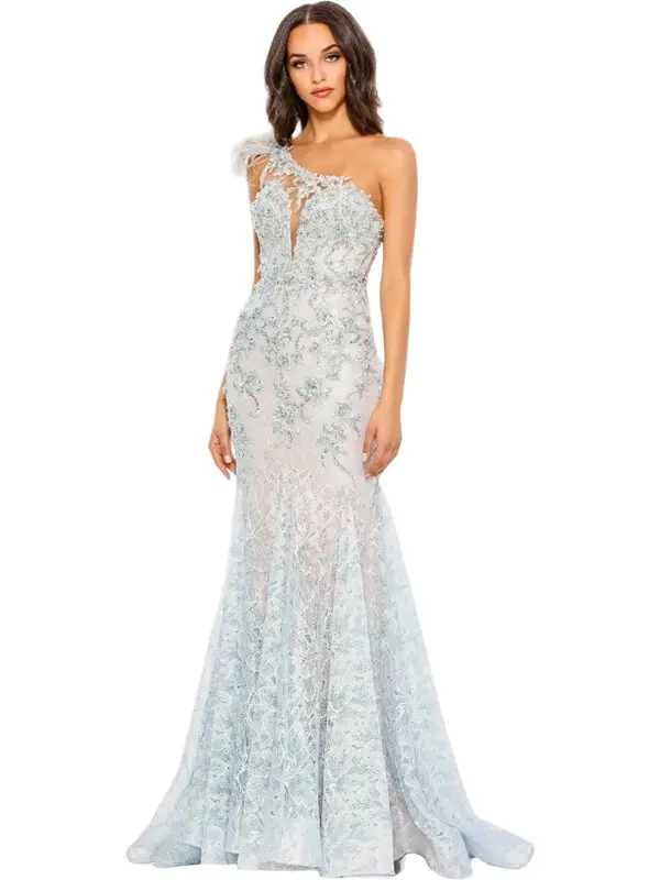 Mac Duggal Embroidered Applique Feathered One Shoulder Trumpet Gown - Blue