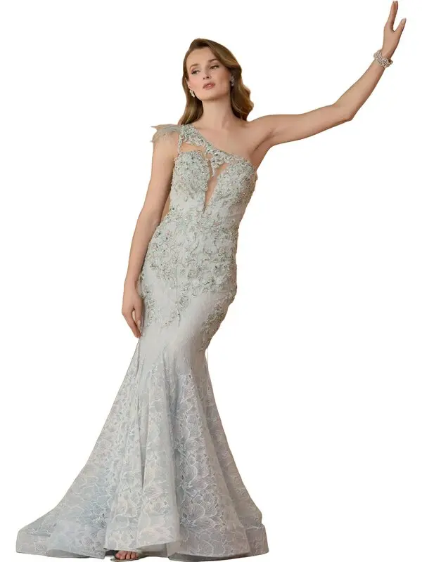 MAC DUGGAL COLLECTION Embroidered Lace One Shoulder Gown - Blue