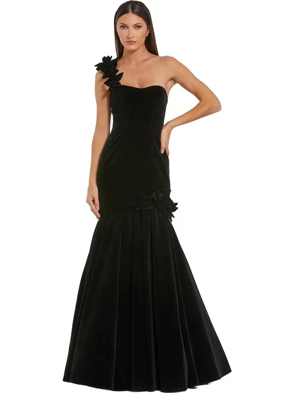 Mac Duggal Velvet One-shoulder Trumpet Gown With Floral Appliqués - Black