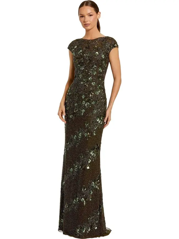 Mac Duggal Floral Embellished Cap Sleeve Column Gown - Green