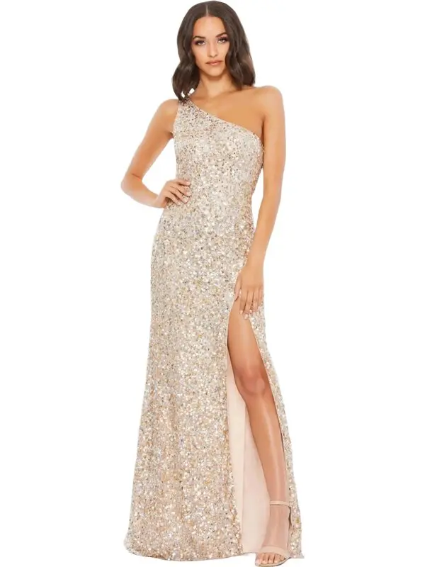 Mac Duggal Sequin One-shoulder Gown With Slit - Neutral