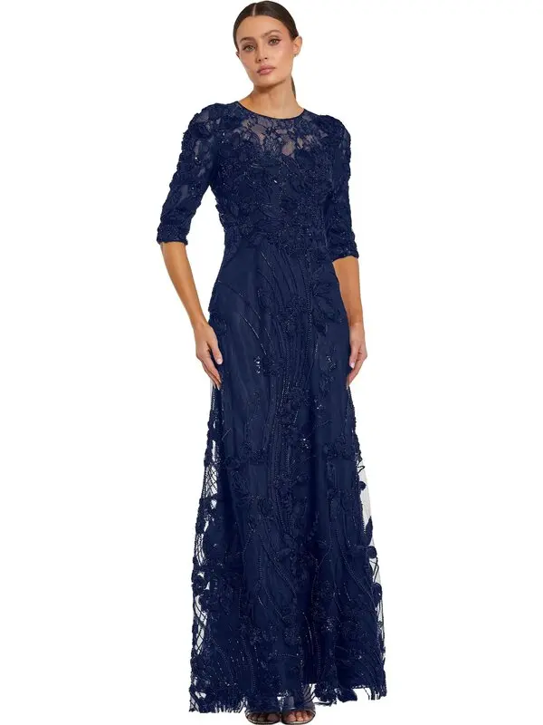 Mac Duggal Embellished Lace Gown With Sleeves - Navy