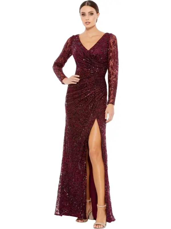 Mac Duggal Sequined Lace Long-sleeve Evening Gown - Red