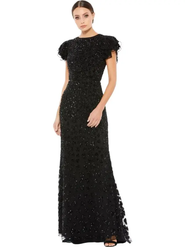 Mac Duggal High Neck Flutter Cap Sleeve Gown - Black