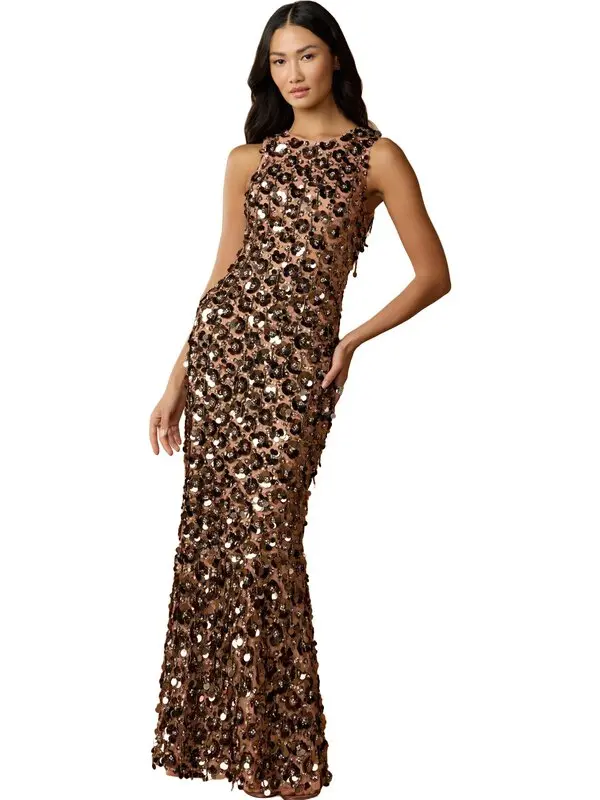Mac Duggal Sleeveless Sequin Fringe Column Gown - Bronze