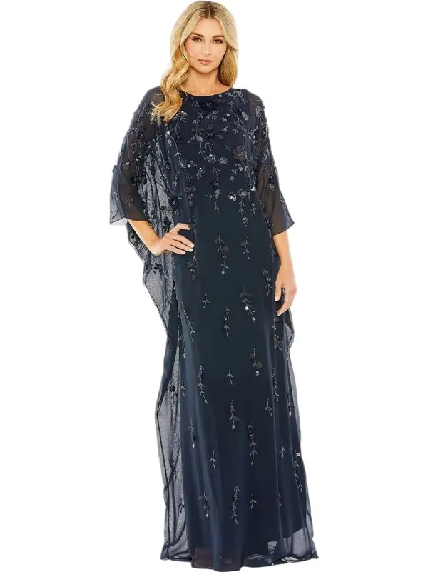 Mac Duggal Floral Embellished Kaftan Gown - Navy