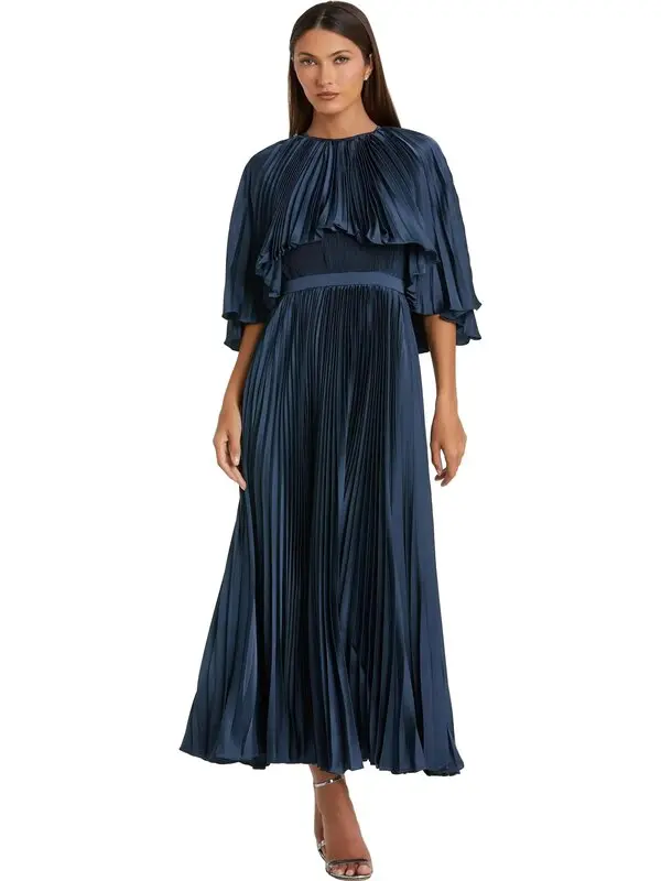 Mac Duggal Pleated Caplet Tea-length Dress - Navy