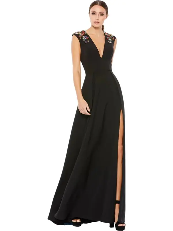 Mac Duggal Beaded Cap-sleeve V-neck A-line Gown - Black