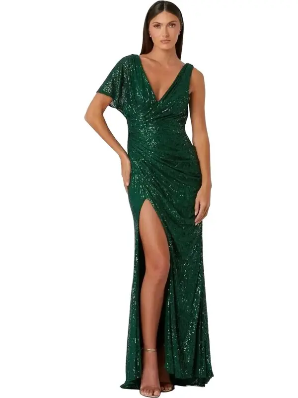 Mac Duggal Sequined Asymmetrical Draped Trumpet Gown - Green