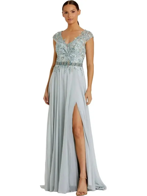 Mac Duggal Embellished Cap Sleeve Bodice Flowy Gown - Blue