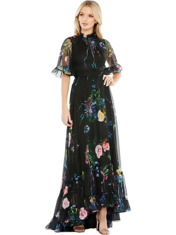 Mac Duggal Floral Print Ruffled High Neck Gown - Black Multi