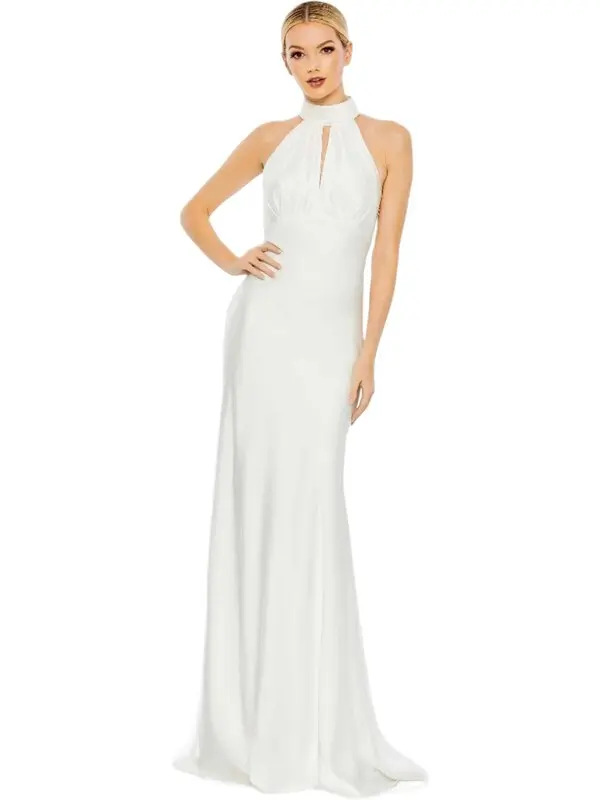 Mac Duggal Keyhole Halter Empire Waist Gown - White