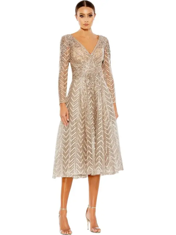 Mac Duggal Embellished Long Sleeve Wrap Over Dress - Neutral