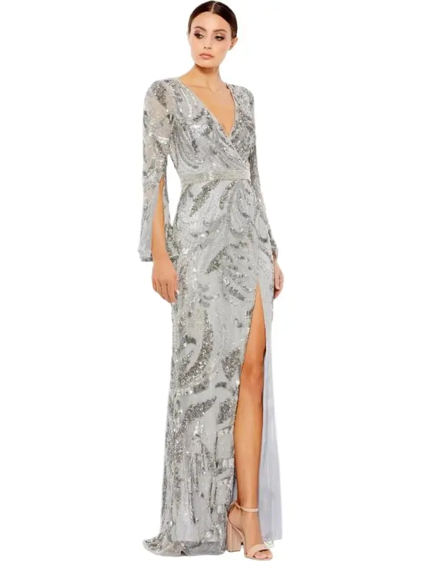 Mac Duggal Sequin Embellished Faux Wrap Gown With Split Sleeves - Gray